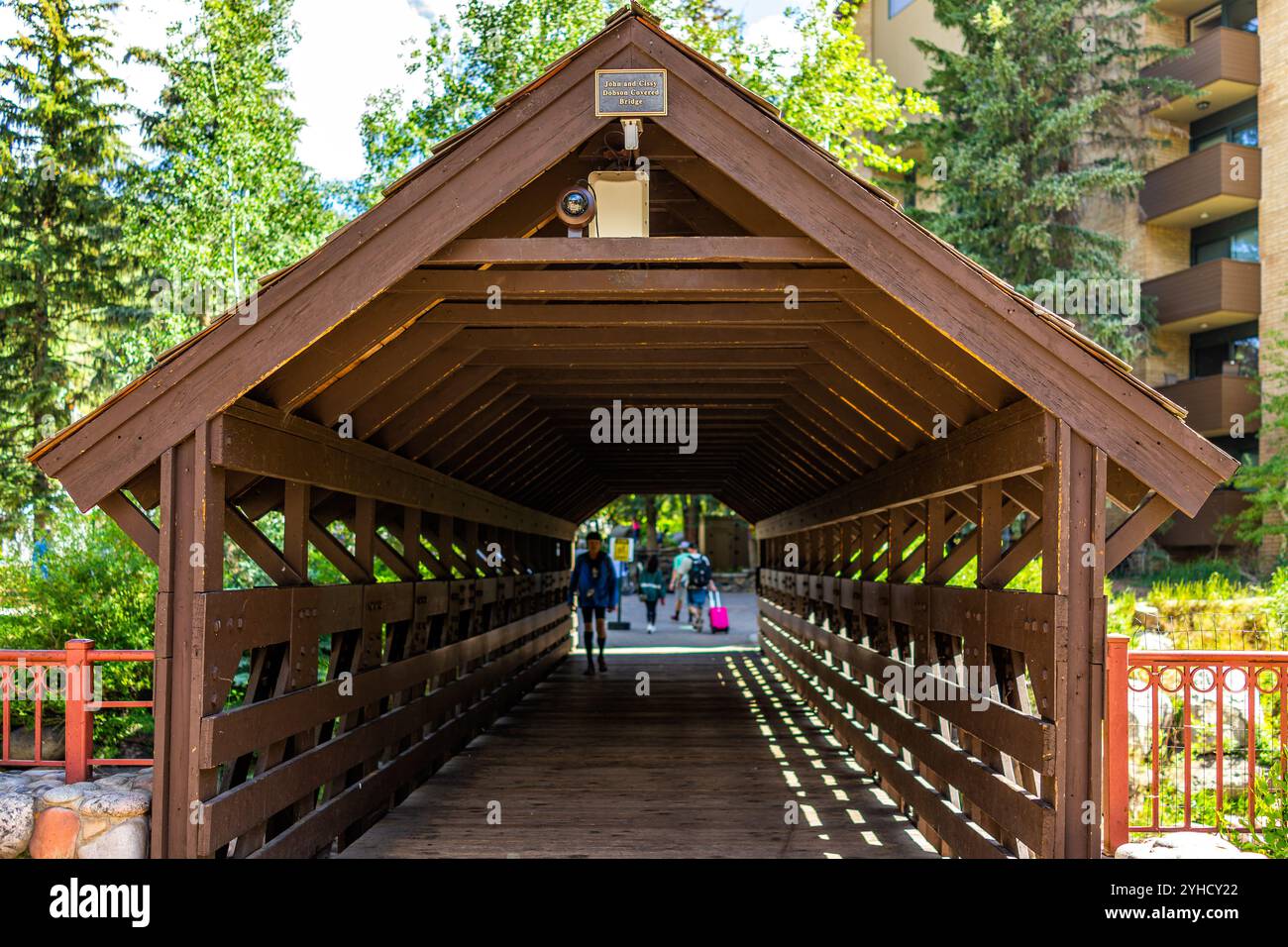 Vail, USA - July 3, 2022: Colorado covered wooden pedestrian bridge ...