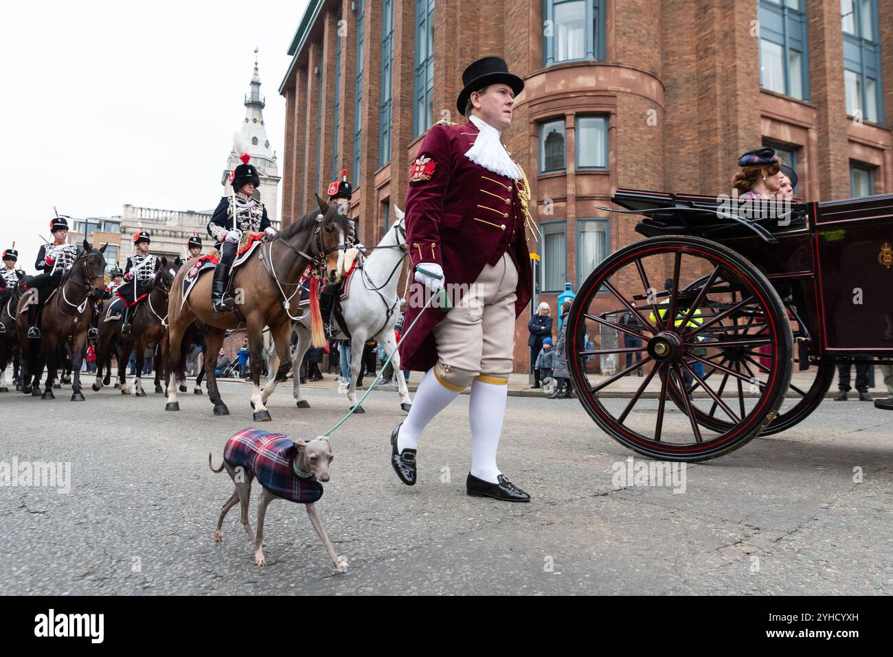 Lord Mayor's dog walking with City Footman in costume at the Lord Mayor ...