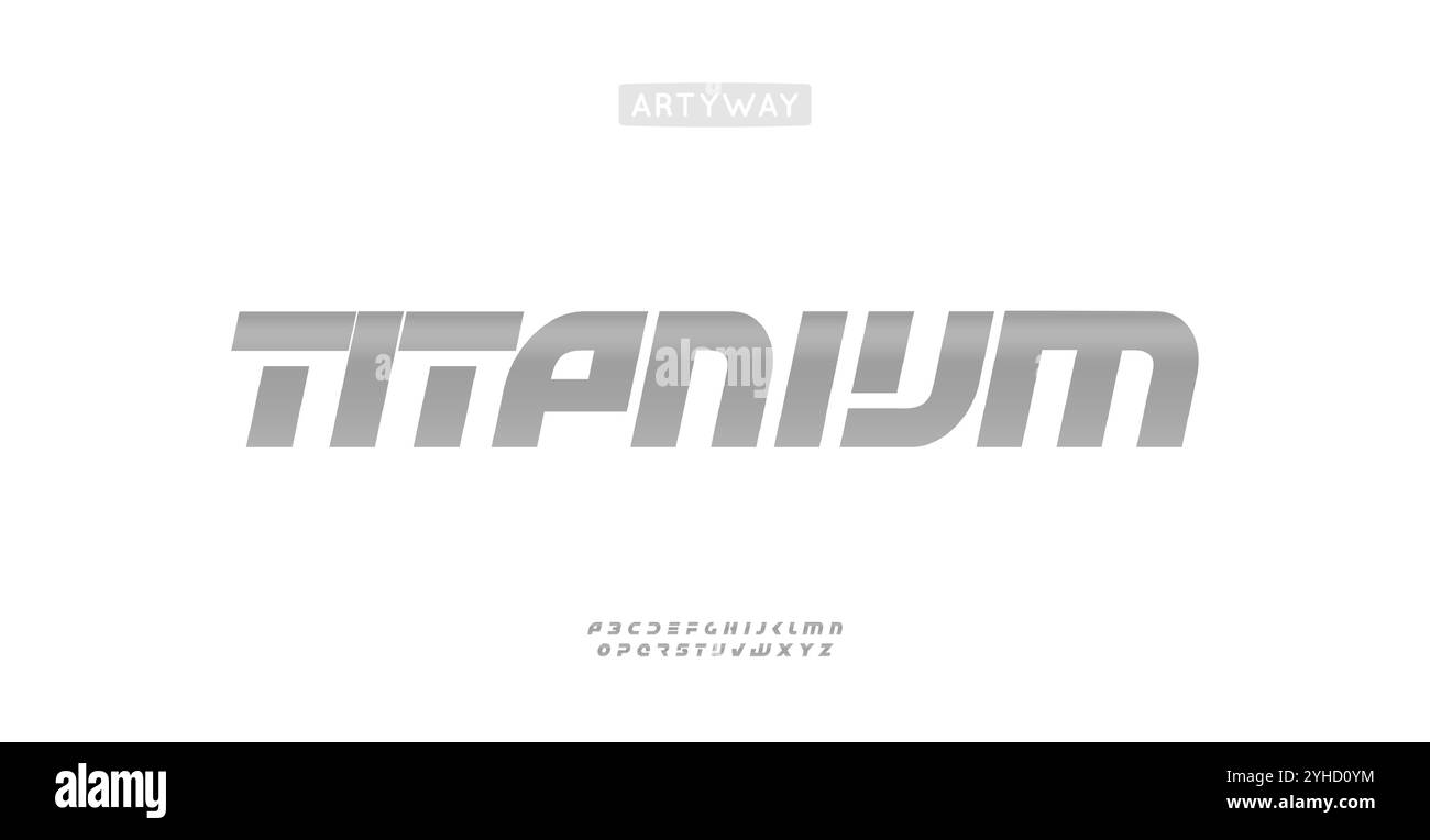 Bold cropped alphabet, italic letters with sleek polished titanium ...