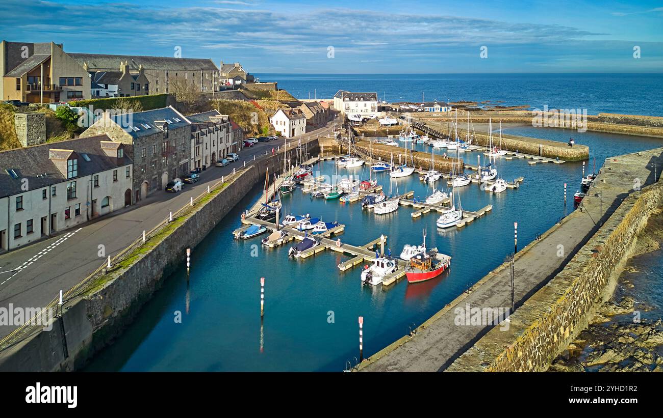 Banff Aberdeenshire Scotland houses harbour walls and the marina with ...