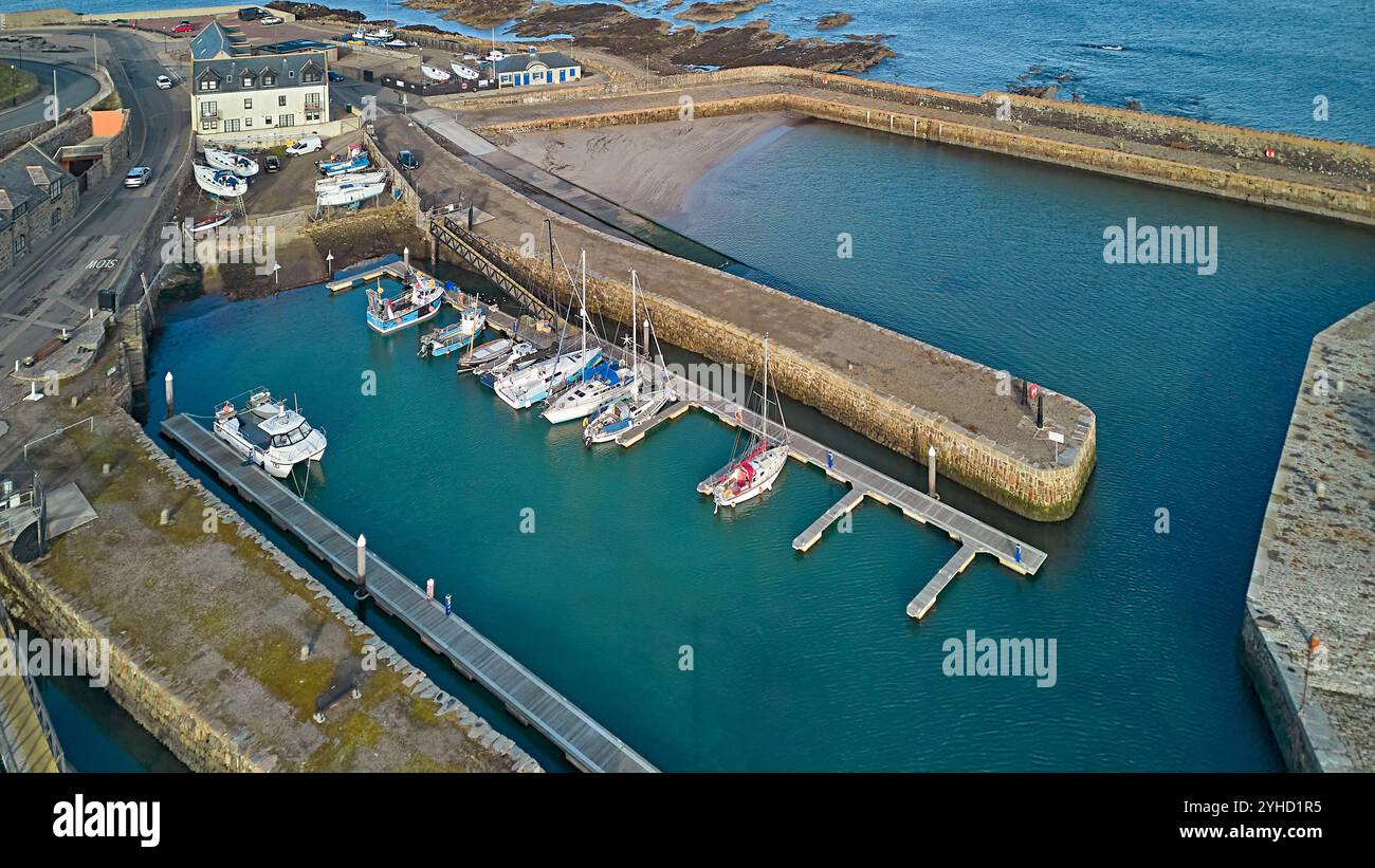 Banff Aberdeenshire Scotland Quayside Road harbour walls small beach ...