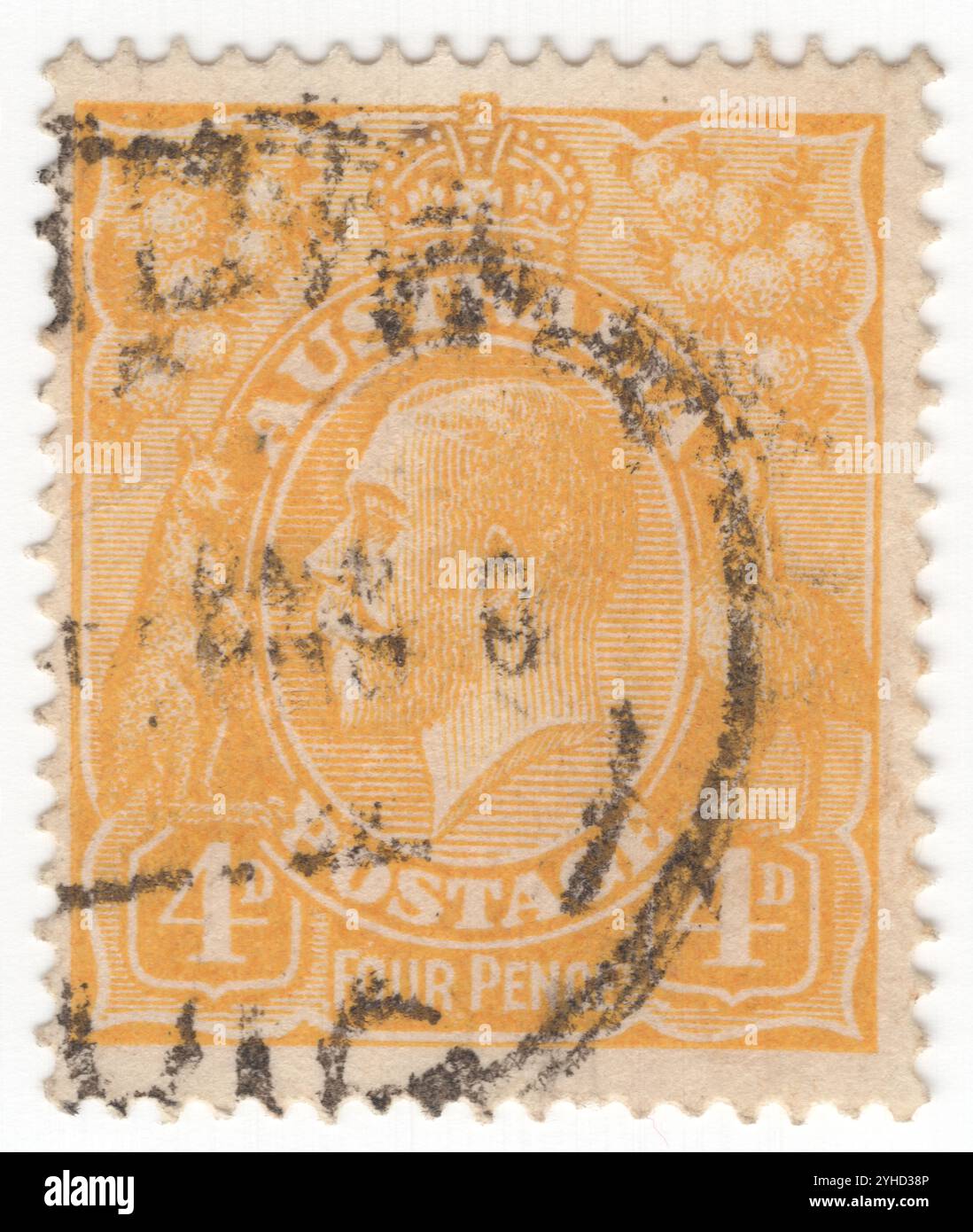 AUSTRALIA — 1915: 4 pence yellow postage stamp depicting portrait of ...