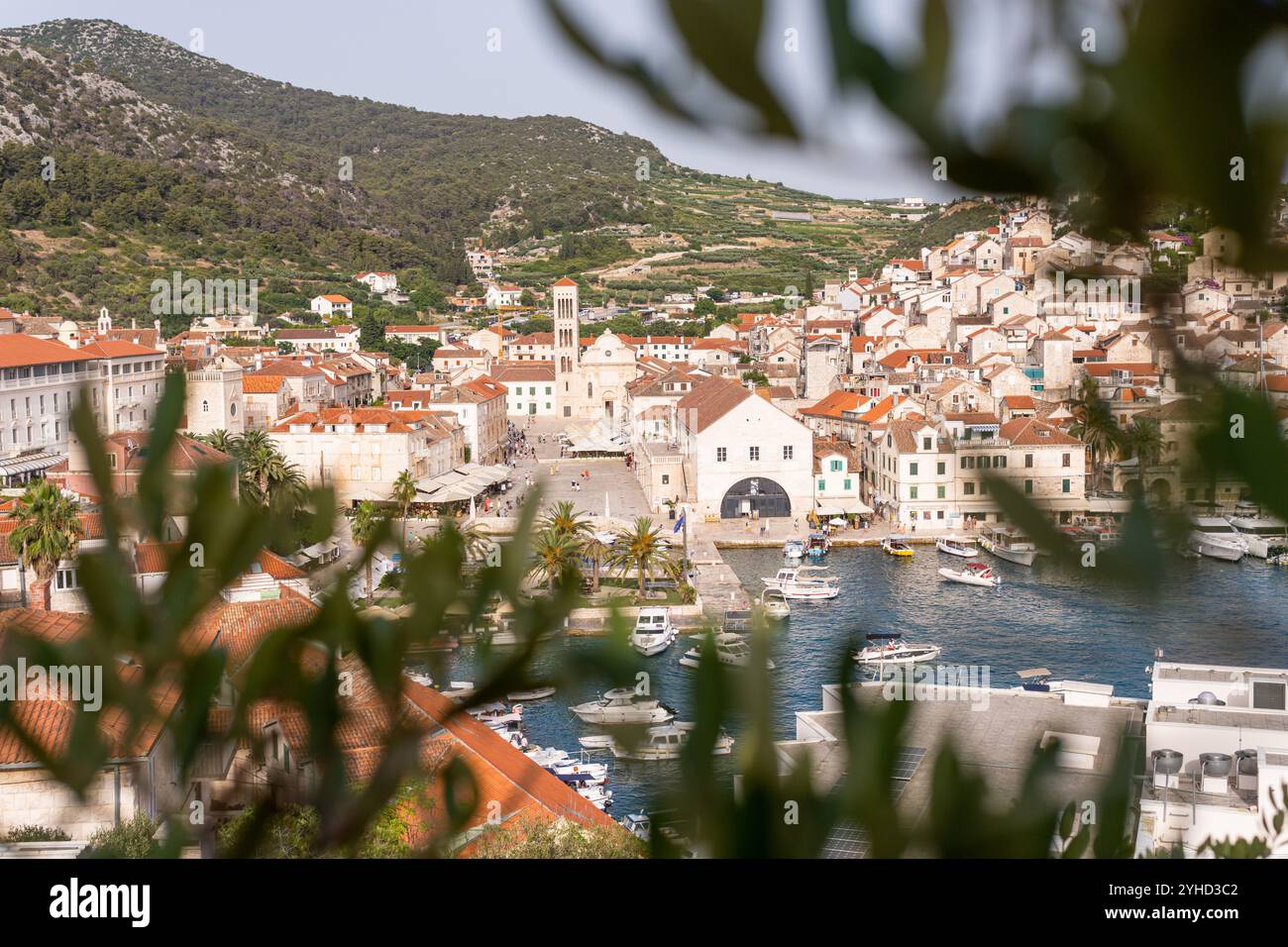 View of Hvar old town and harbour from the mountain, Hvar island ...