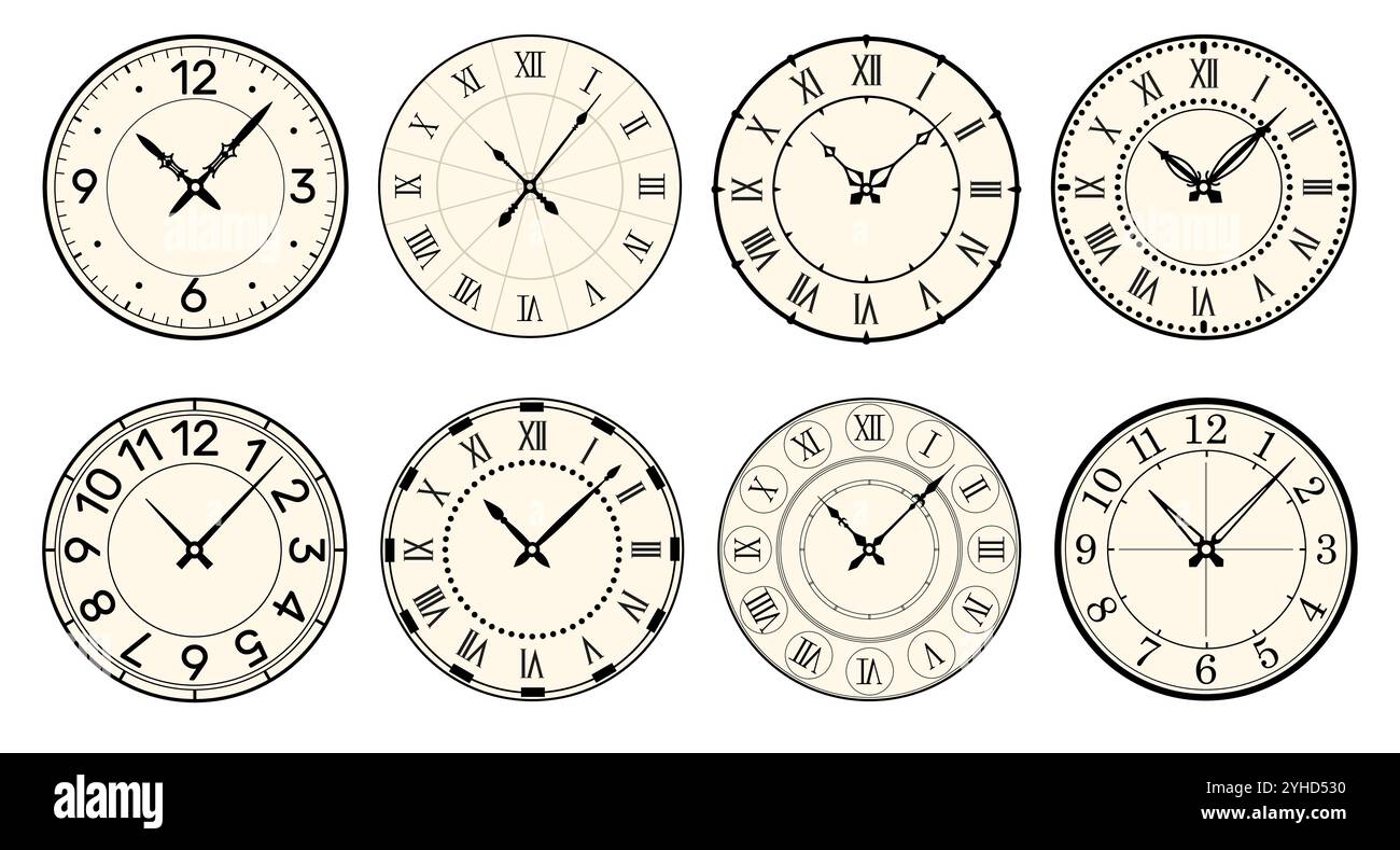 Retro round clock faces. Vintage watch design. Elegant antique dials ...