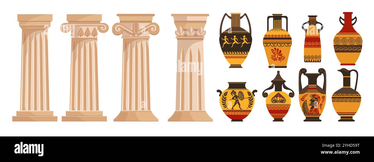 Greek columns and amphorae. Ancient ceramic vases. Marble capitals ...