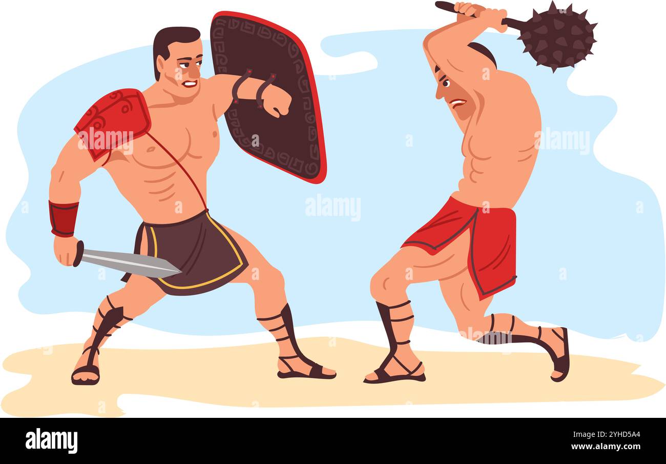 Gladiators fight scenes. Ancient Roman men warriors. People in armor ...