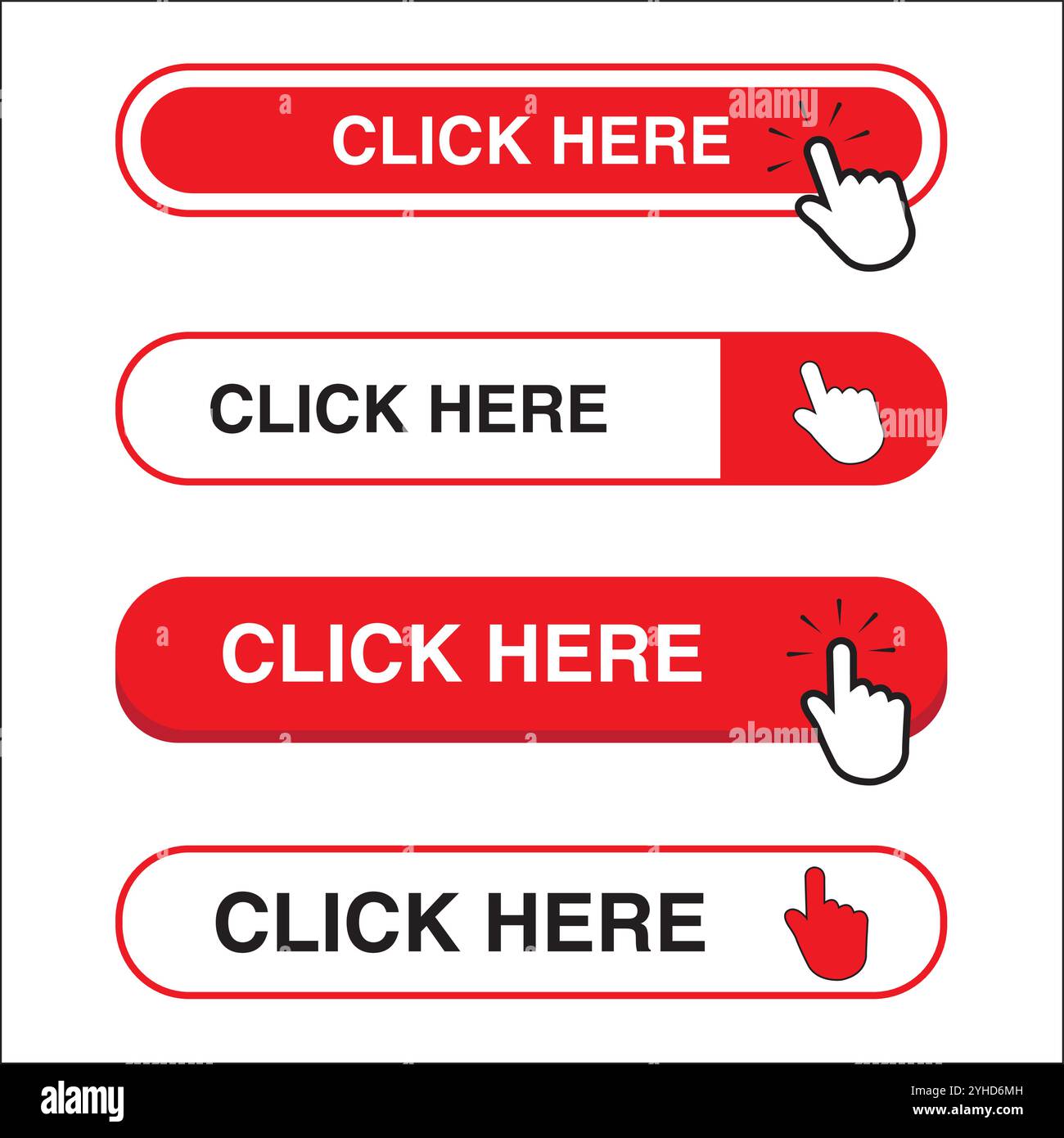 White and red click here button with a hand clicking on a white ...