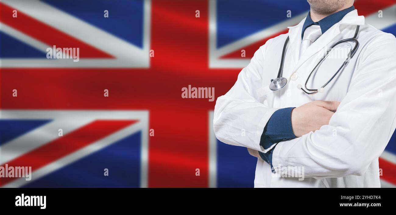 UK Health and Care concept. Professional doctor on British flag. Doctor ...