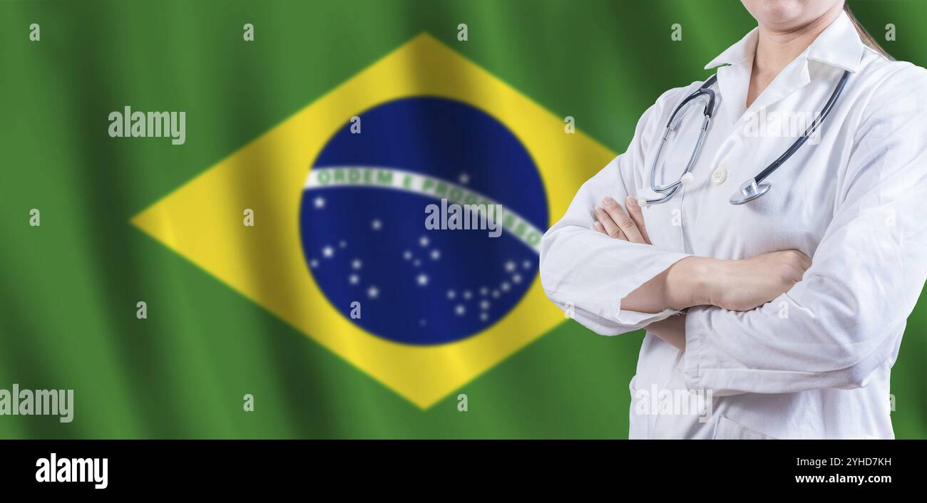 Doctor with crossed arms on Brazilian flag. Brazilian Health and Care ...