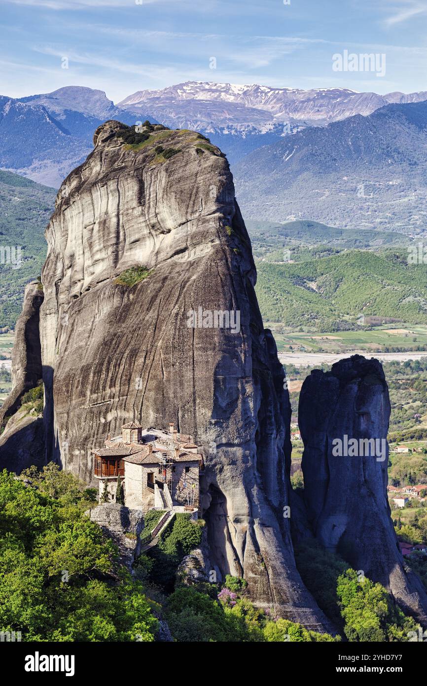 Hermitage, rock needle, sandstone formation, Meteora, blue sky, spring ...
