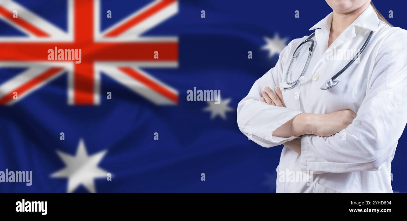 Doctor with crossed arms on Australian flag. Australian Health and Care ...