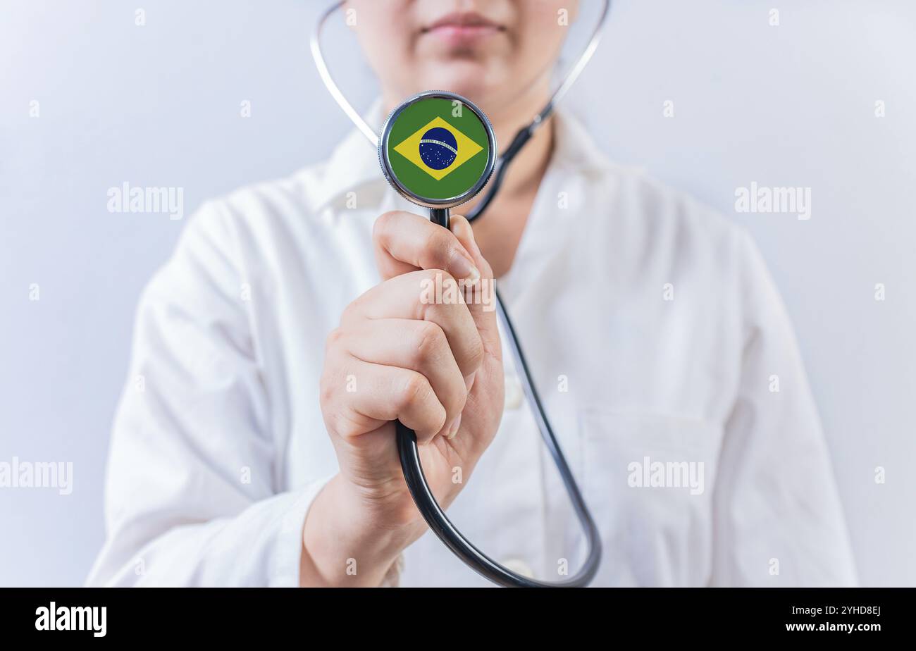 Doctor showing stethoscope with Brazil flag. Brazil National Healthcare ...