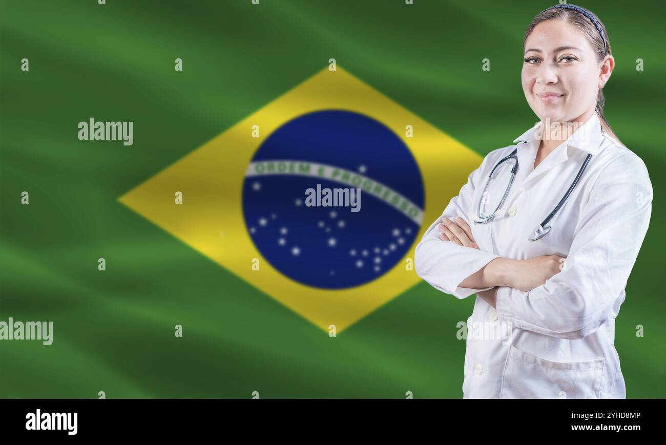 Female doctor on Brazil flag. Doctor with crossed arms on Brazilian ...