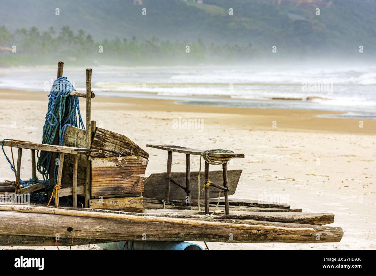 Primitive fishing boat used in northeastern Brazil called Jangada made ...