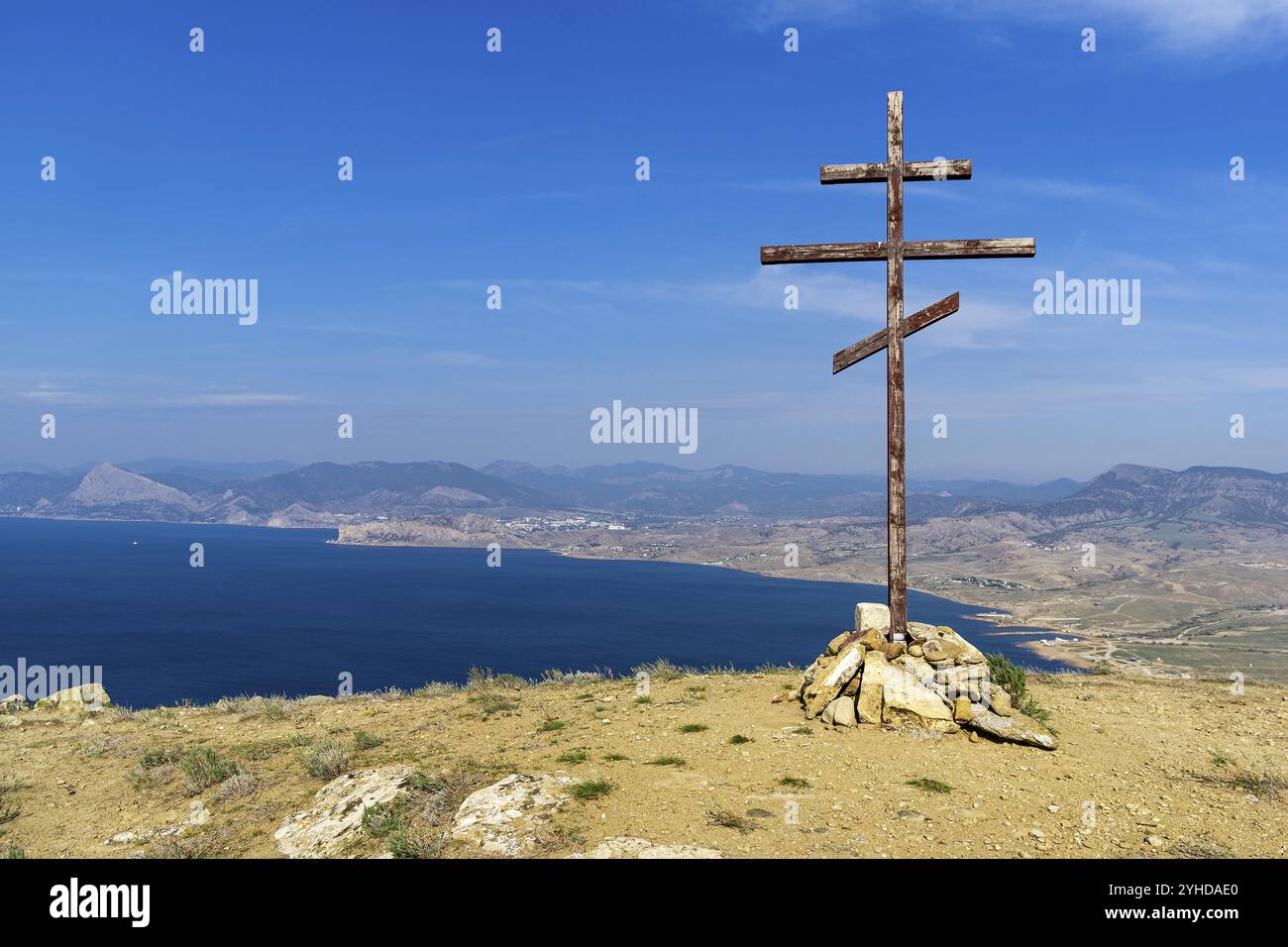 Orthodox cross at Cape Meganom. Crimea, early sunny morning Stock Photo ...