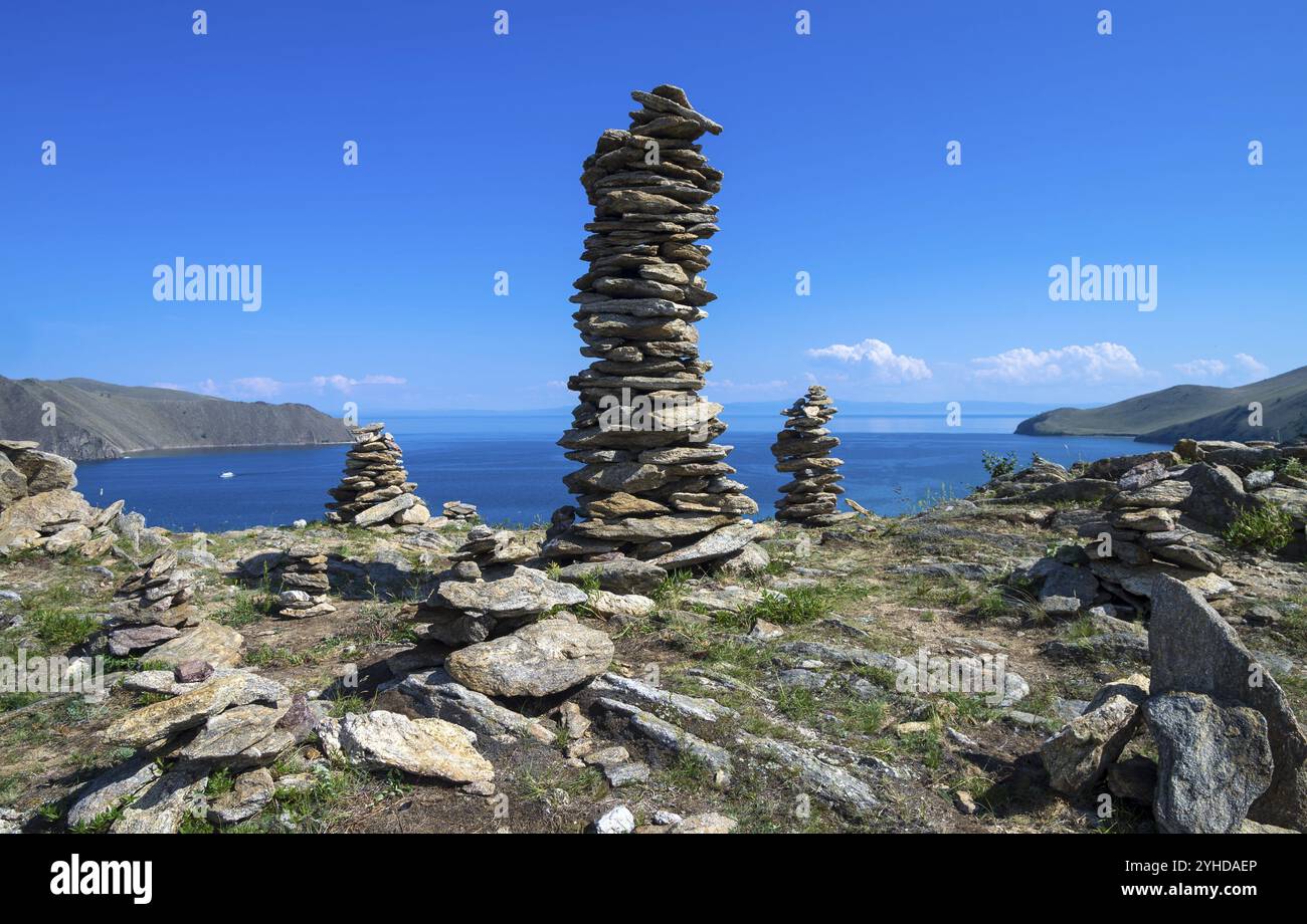 The buddhist traditional stone pyramids on the shore of Lake Baikal ...