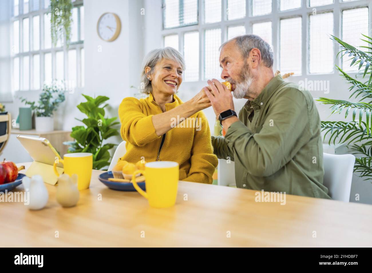 Senior woman feeding her husband in a romantic gesture in the morning ...