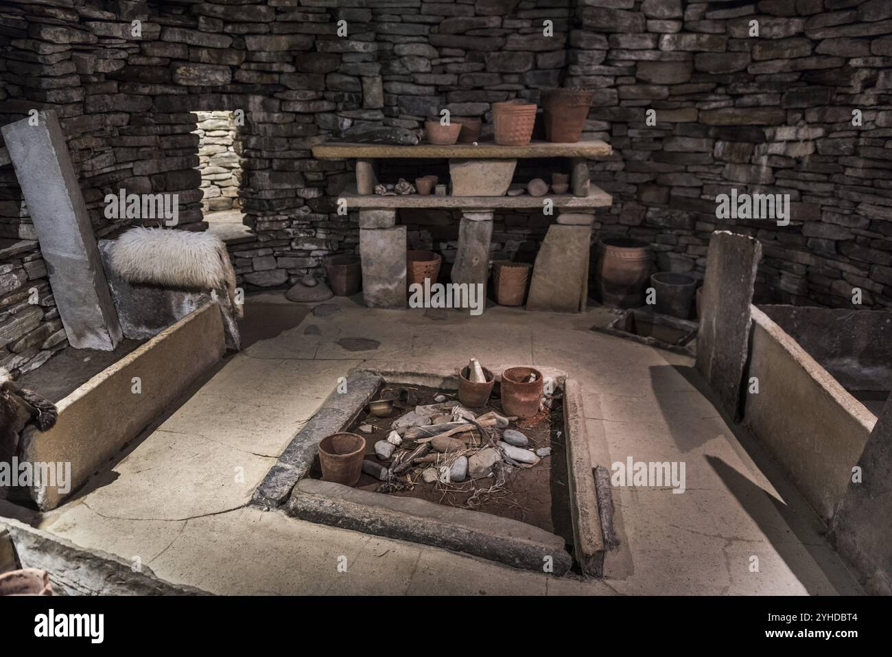 Replica of a house from the Neolithic settlement of Skara Brae, Mainland, Orkney Islands ...