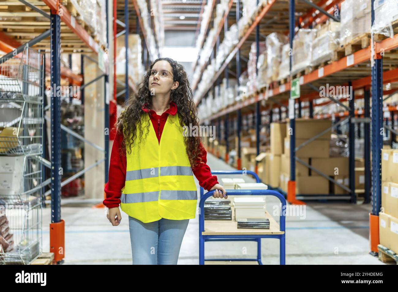 Happy woman worker pulling a trolley with boxes in a distribution ...