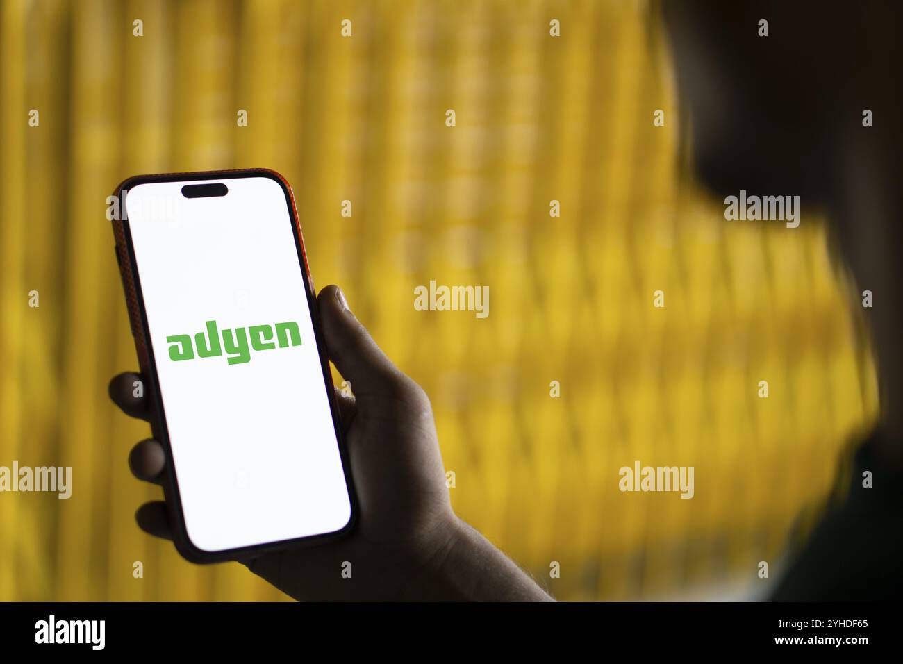 Dhaka, Bangladesh- 09 Nov 2024: Adyen logo is displayed on smartphone. Adyen is a Dutch payment ...