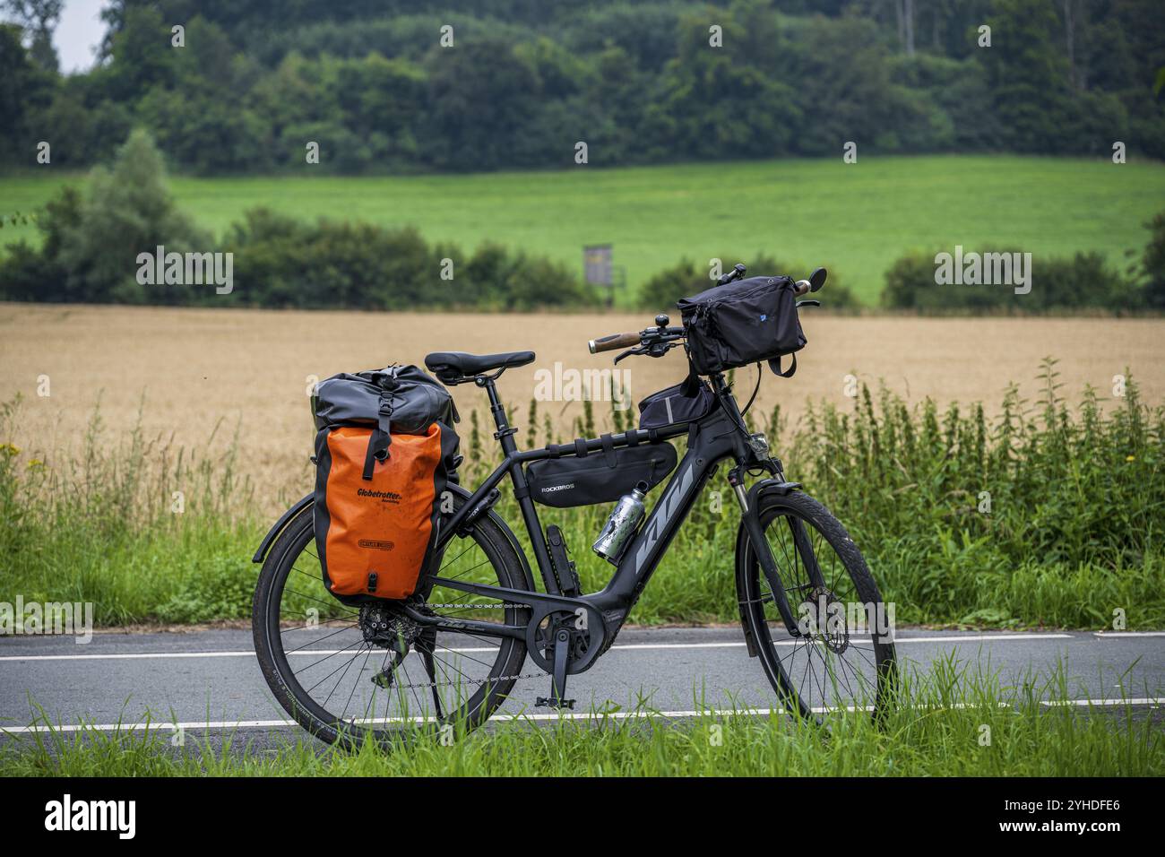 An e-bike with panniers stands on a country road in front of a green ...