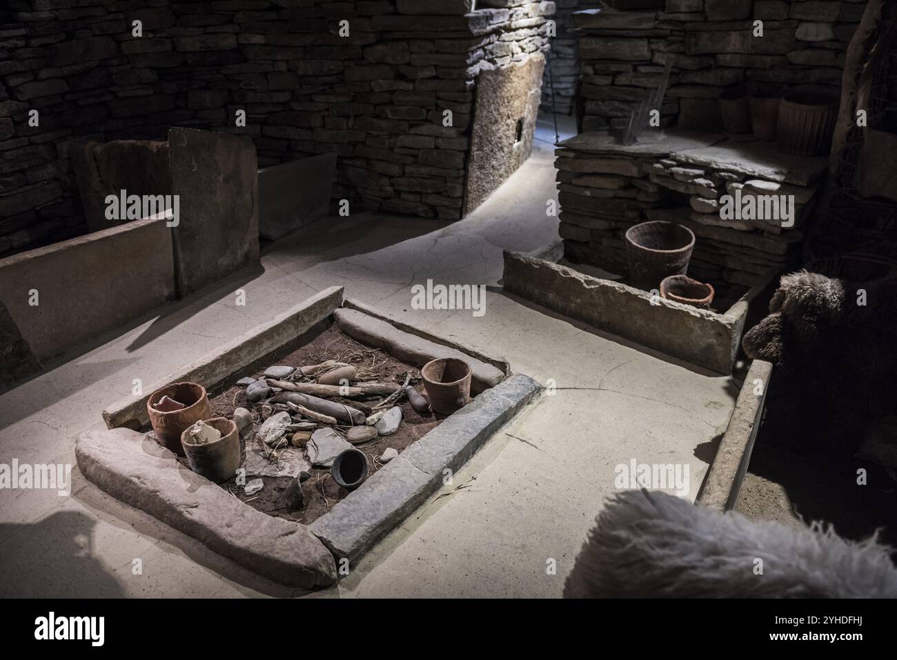 Replica of a house from the Neolithic settlement of Skara Brae, Mainland, Orkney Islands ...