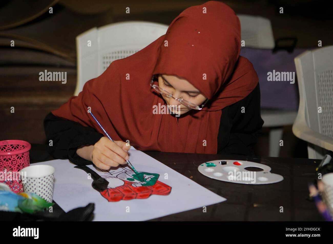 Gaziantep, Turkiye. 21 October 2023. Young artists draw pictures about ...