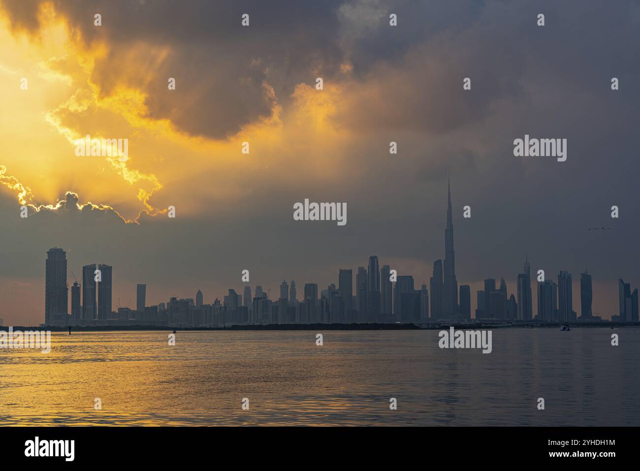 Sunset in front of Skyline Dubai, Dubai Creek Harbour, Dubai, United ...