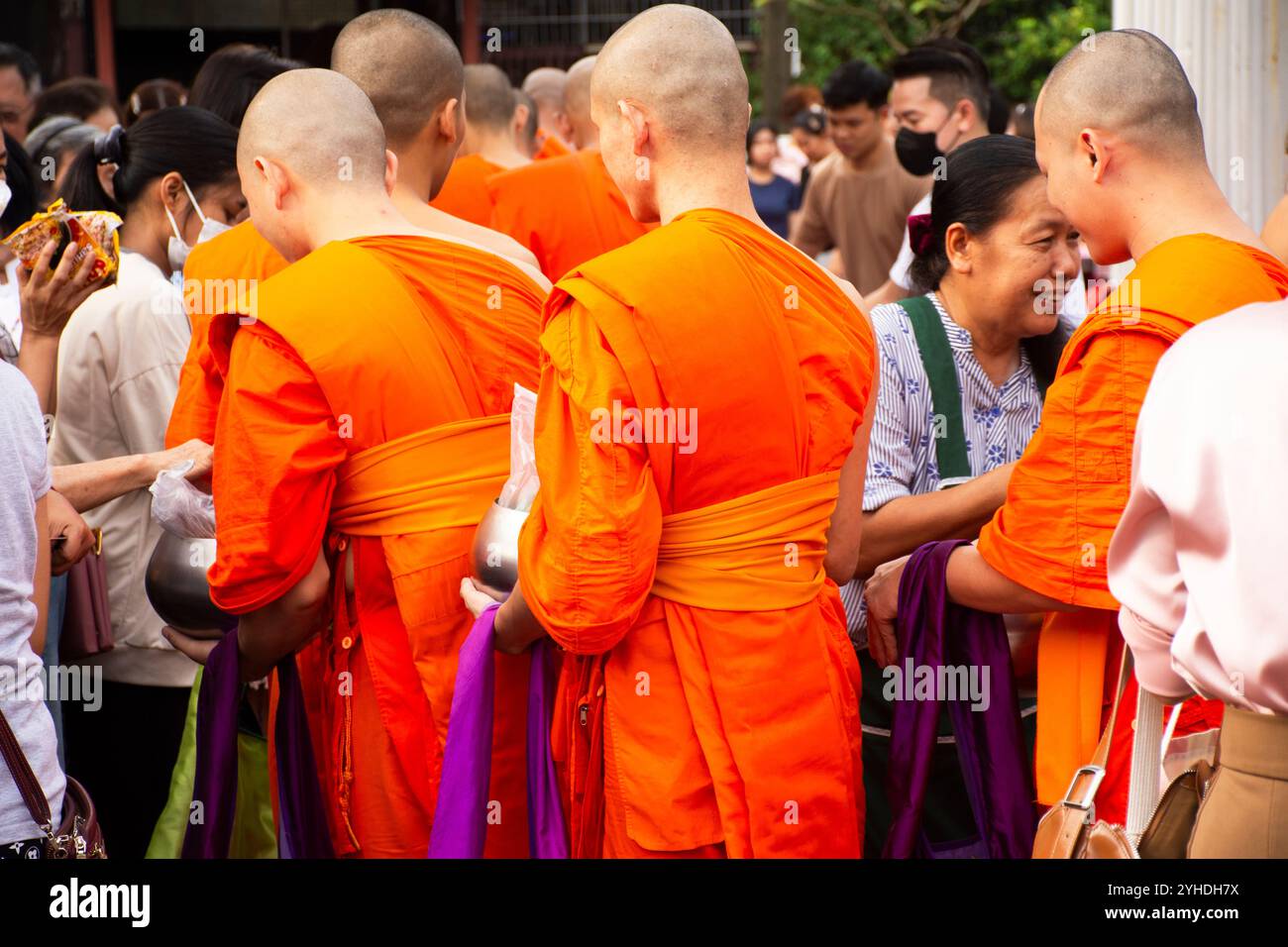 Thai people join rite ritual Tak Bat Devo Buddhism festival and give ...