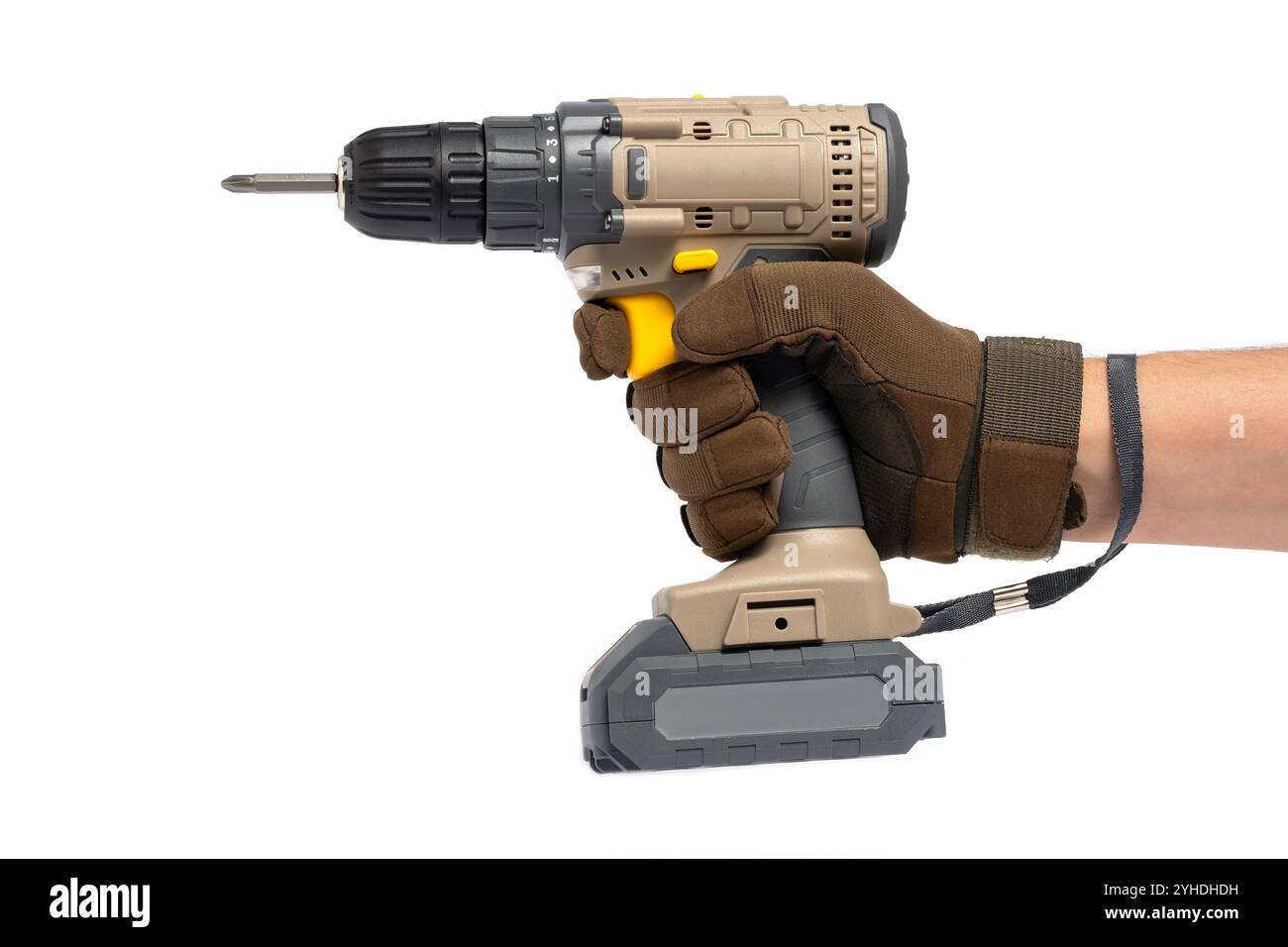 Gloved hand holds cordless drill on white background. Concept of ...