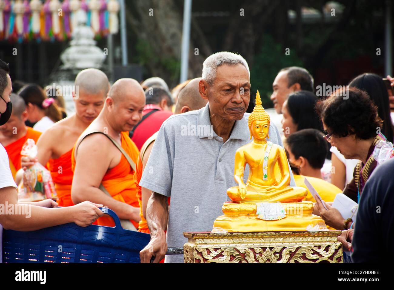 Thai people join rite ritual Tak Bat Devo Buddhism festival and give ...