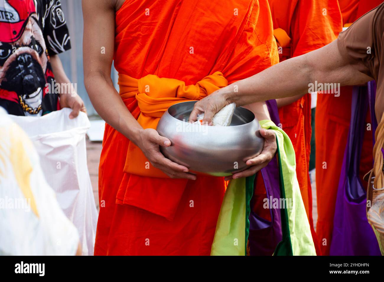 Local thai people travel visit and join rite ritual give food offerings ...