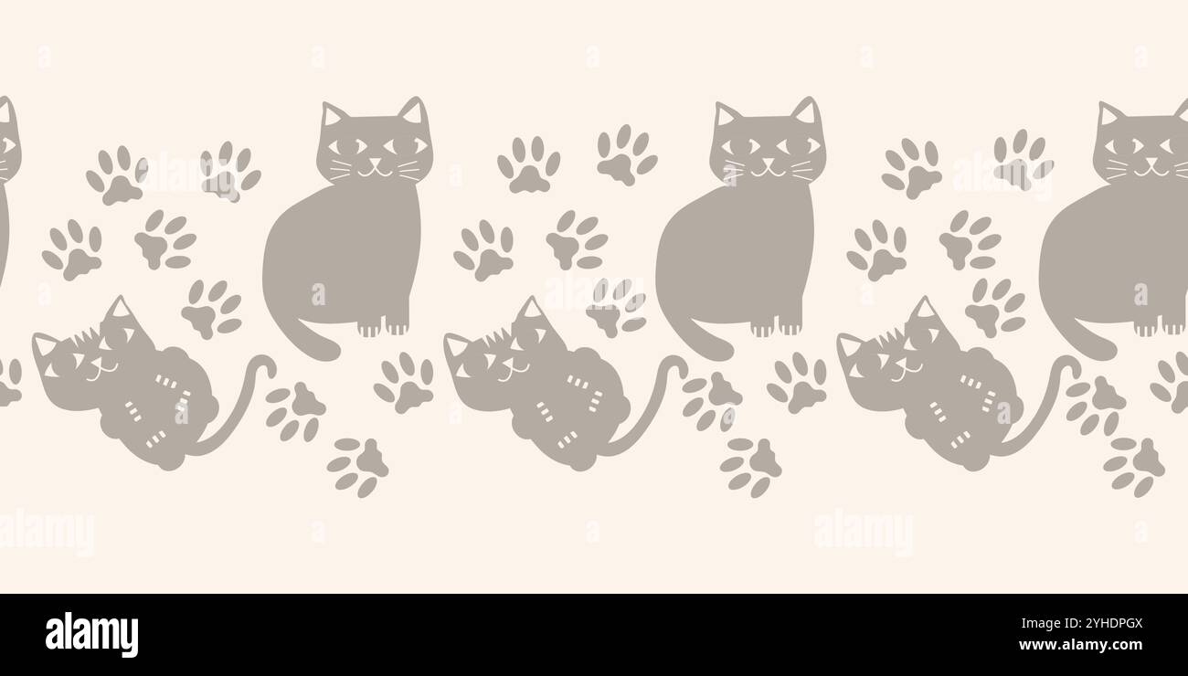 Cute cat and paw neutral seamless vector border background. Banner with ...