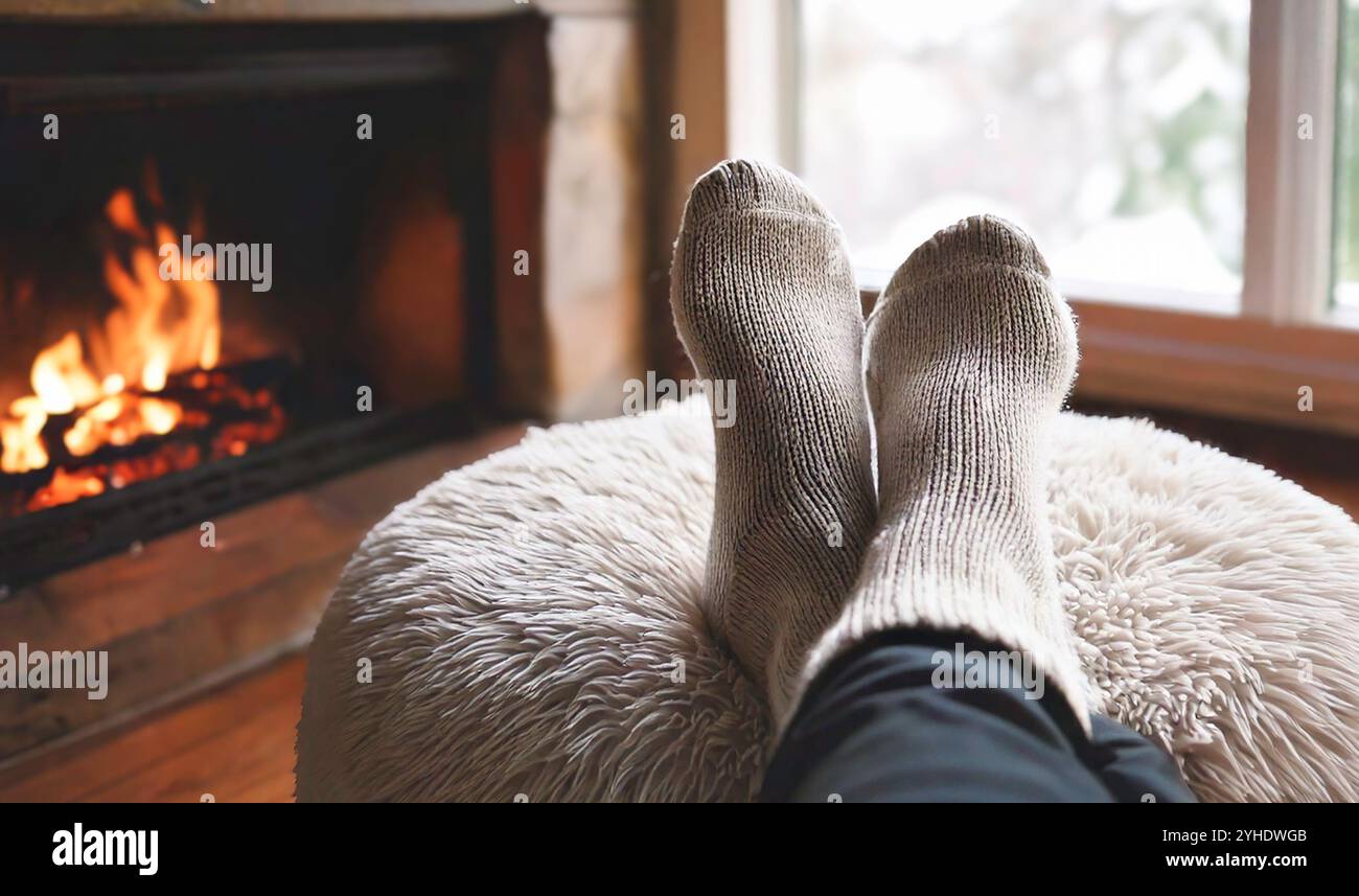 Cozy Adult feet in front of fire in light beige oatmeal color warm wool ...