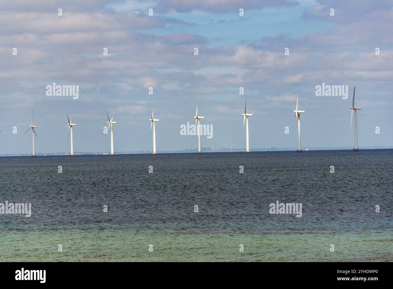 White turbines of Middelgrunden wind farm outside Copenhagen, Denmark ...