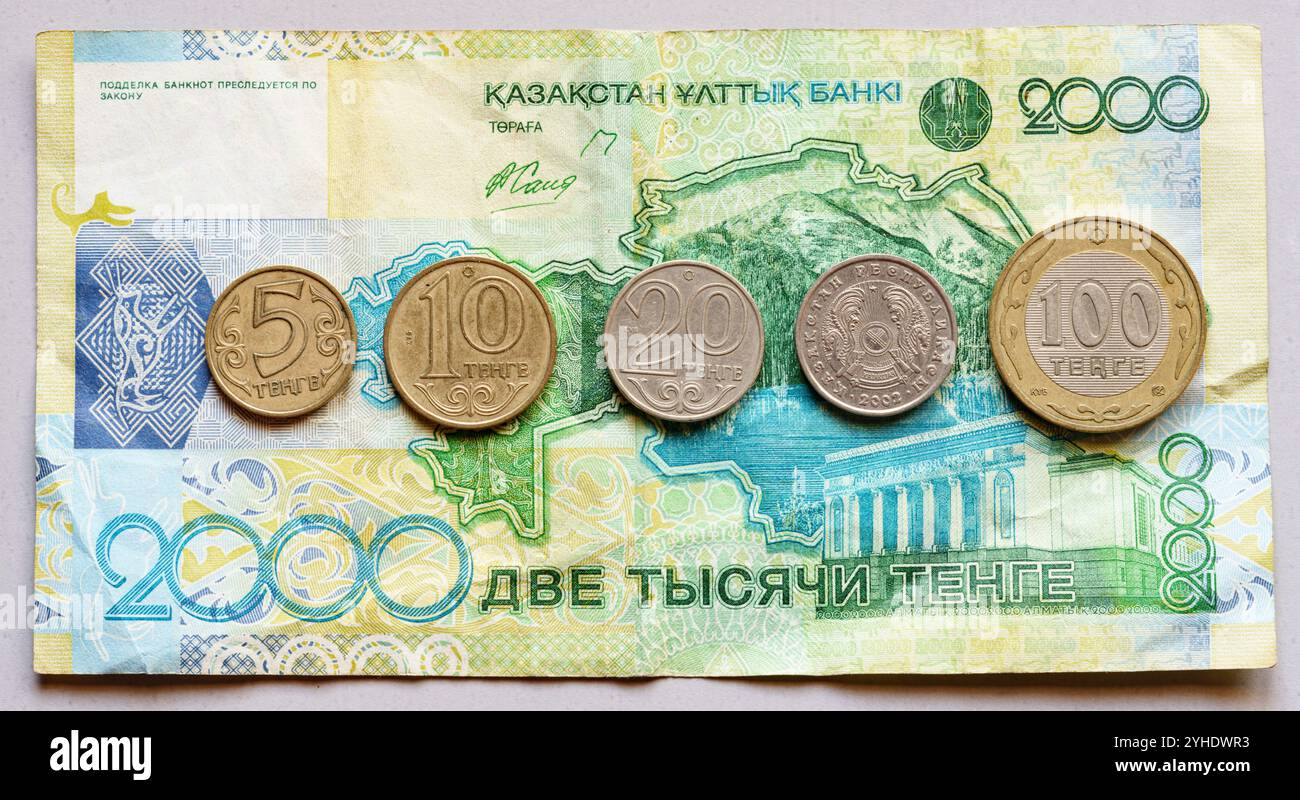 Colorful, high resolution image of 2000 Tenge Kazakhstan bank note and ...