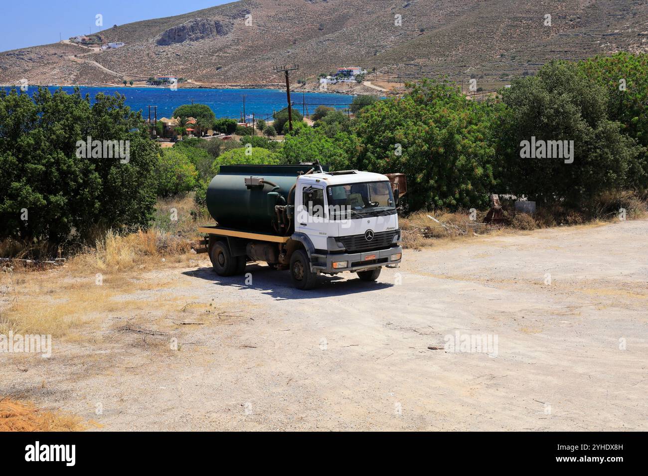 Slurry lorry parked, Tilos Island, Dodecanese Greek islands, Greece ...