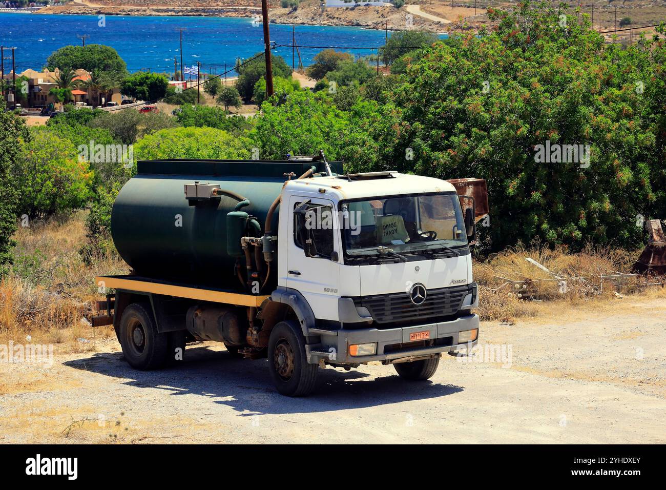Slurry lorry parked, Tilos Island, Dodecanese Greek islands, Greece ...