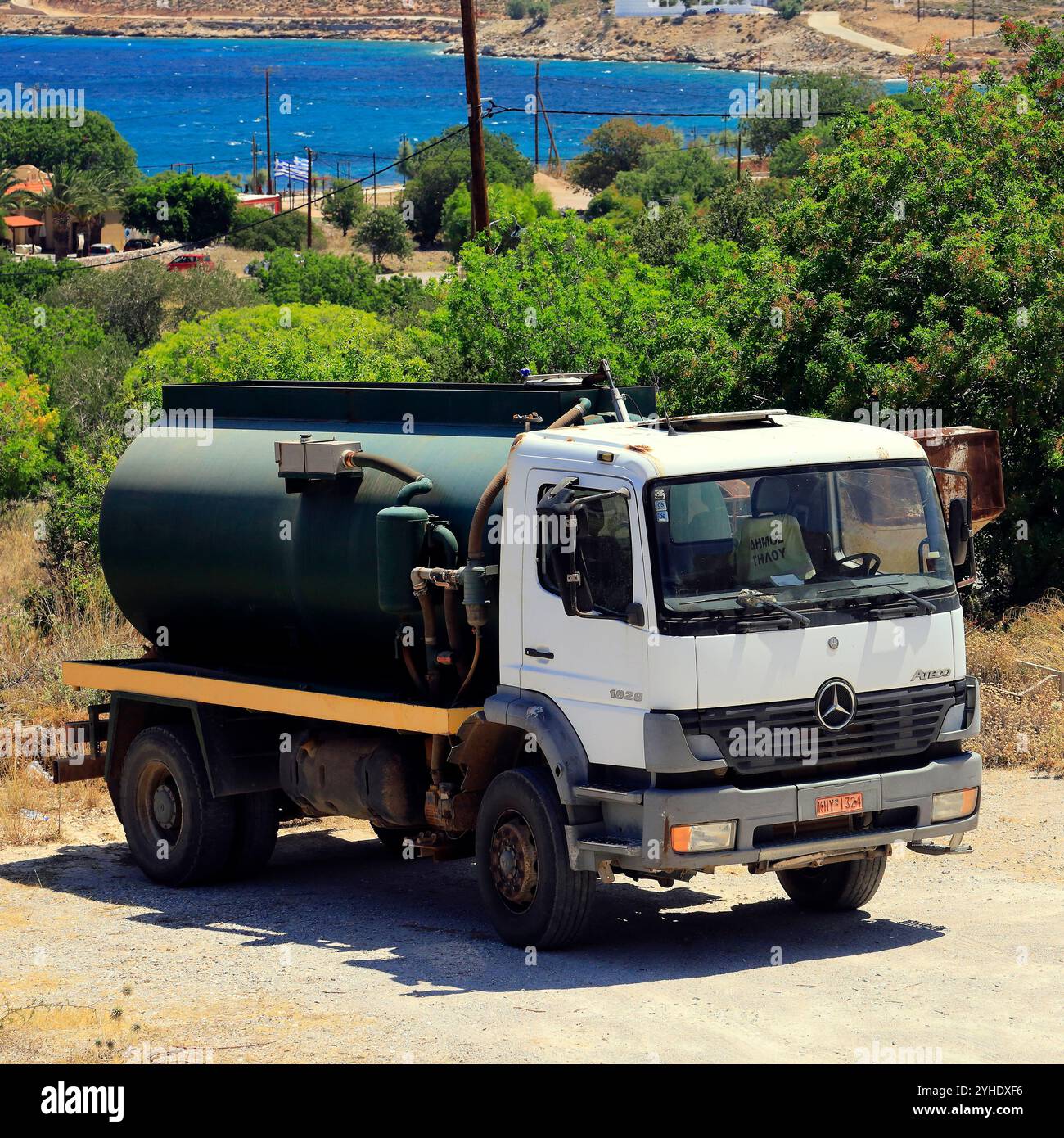 Slurry lorry parked, Tilos Island, Dodecanese Greek islands, Greece ...