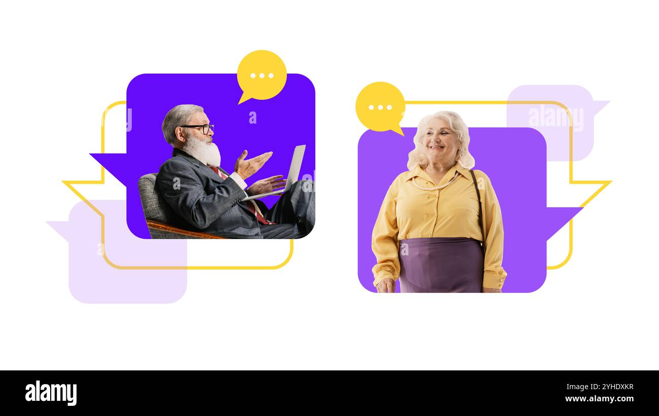 Contemporary art collage. Conversation between two older man and woman ...