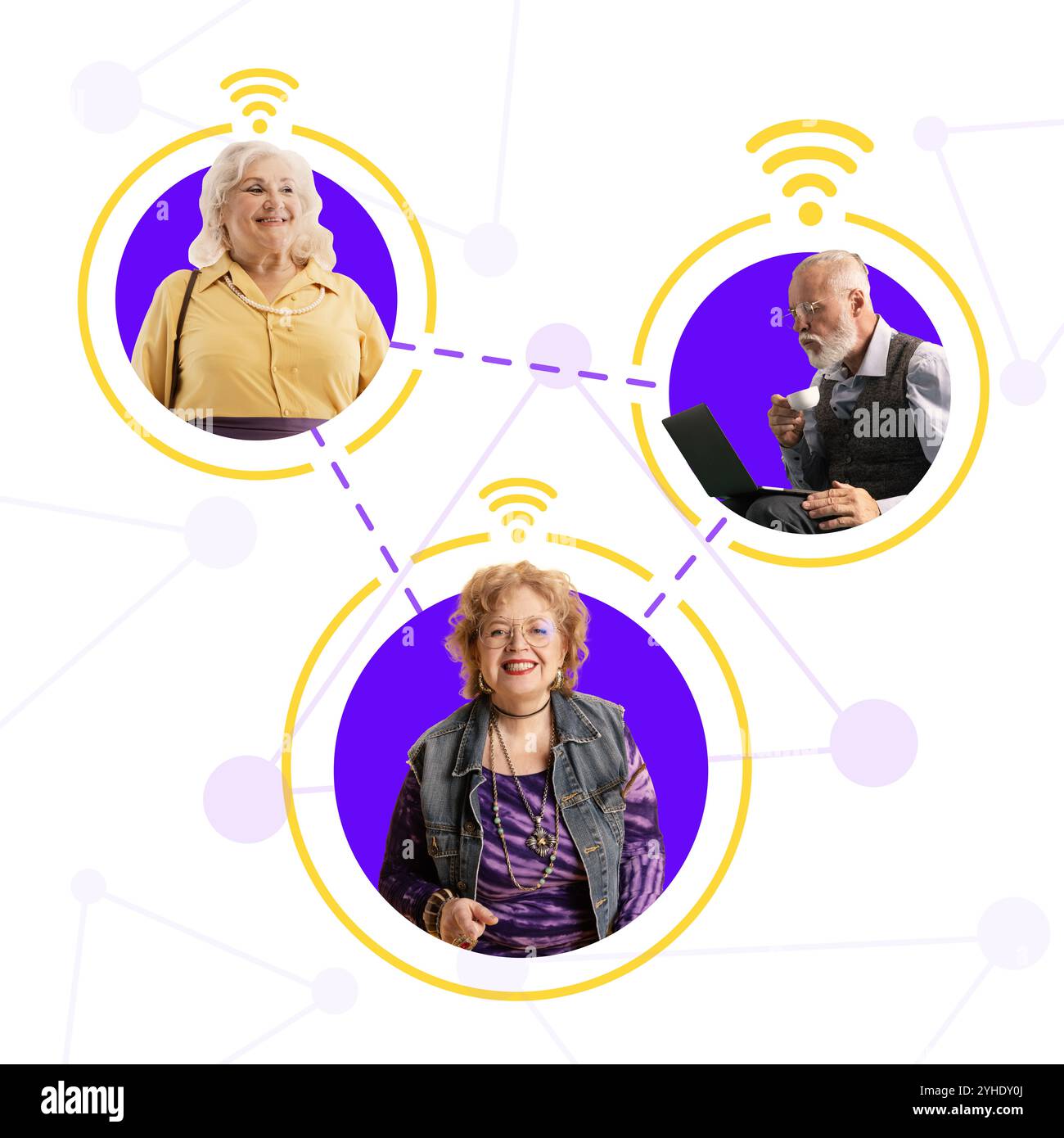 Contemporary art collage. Three elders triangular network, with wifi ...