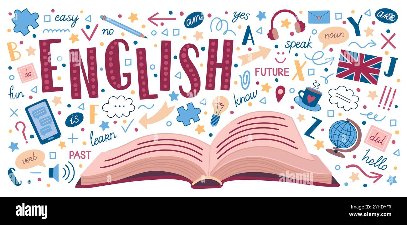 English language. Learning grammar. Doodle lesson. Reading book. Opened ...