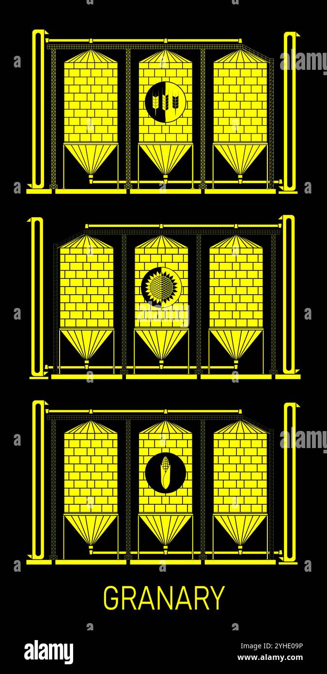 Creative illustration of an agricultural warehouse for a grain elevator isolated on a ...