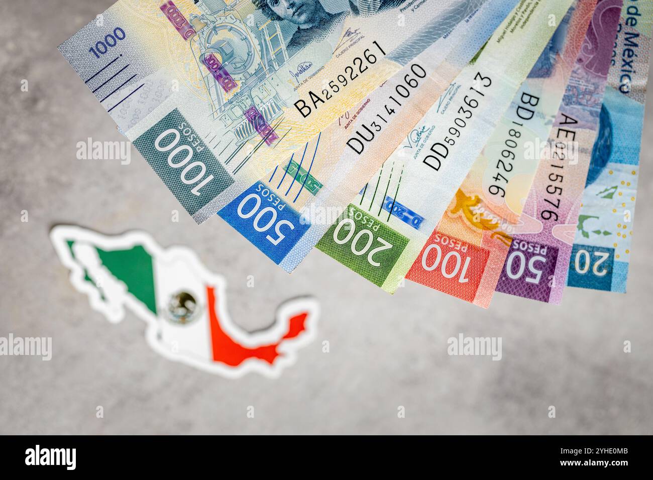 Mexico money and national emblem, Gray background, flat lay, Financial ...