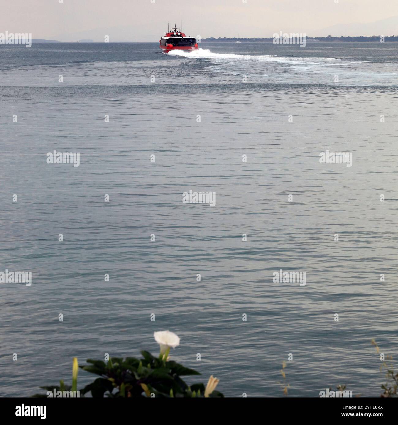 Aero 2 high speed ferry boat, leaving Megalochori harbour and ferry ...