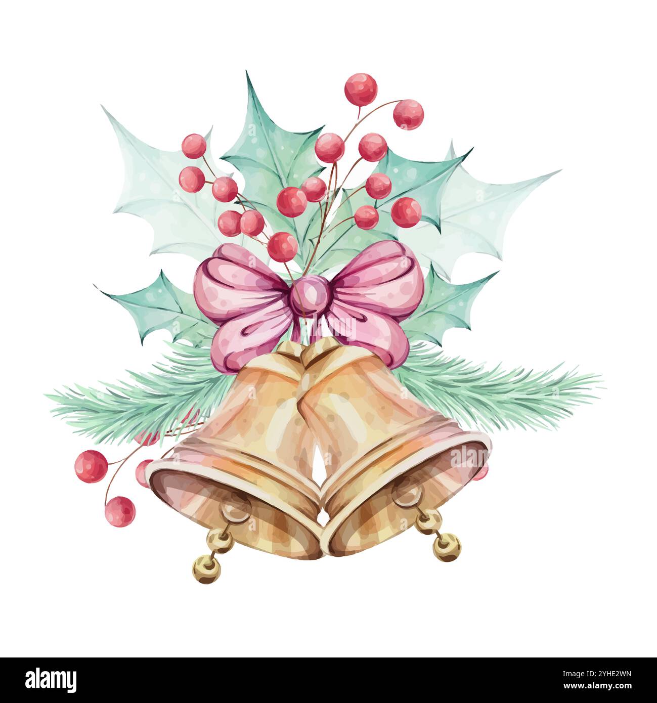 Watercolor christmas jingle golden bell with bow, with holly green ...