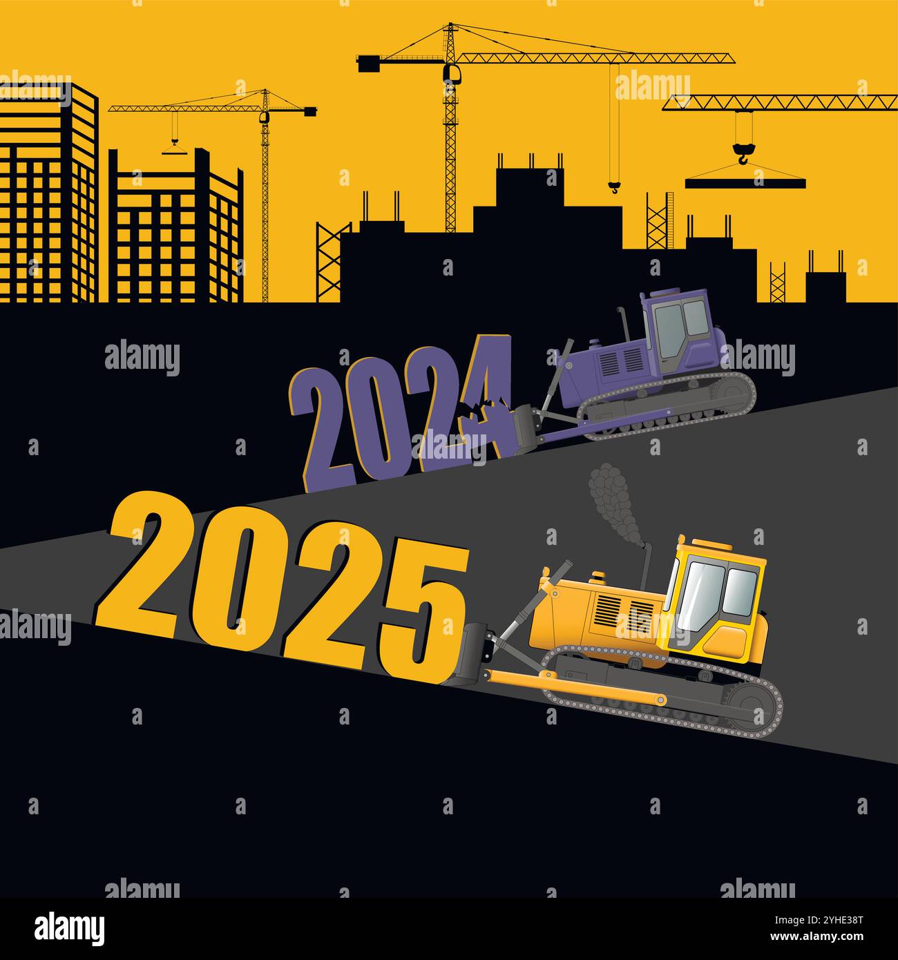 Postcard Happy New Year 2025. The work of caterpillar bulldozers Stock ...