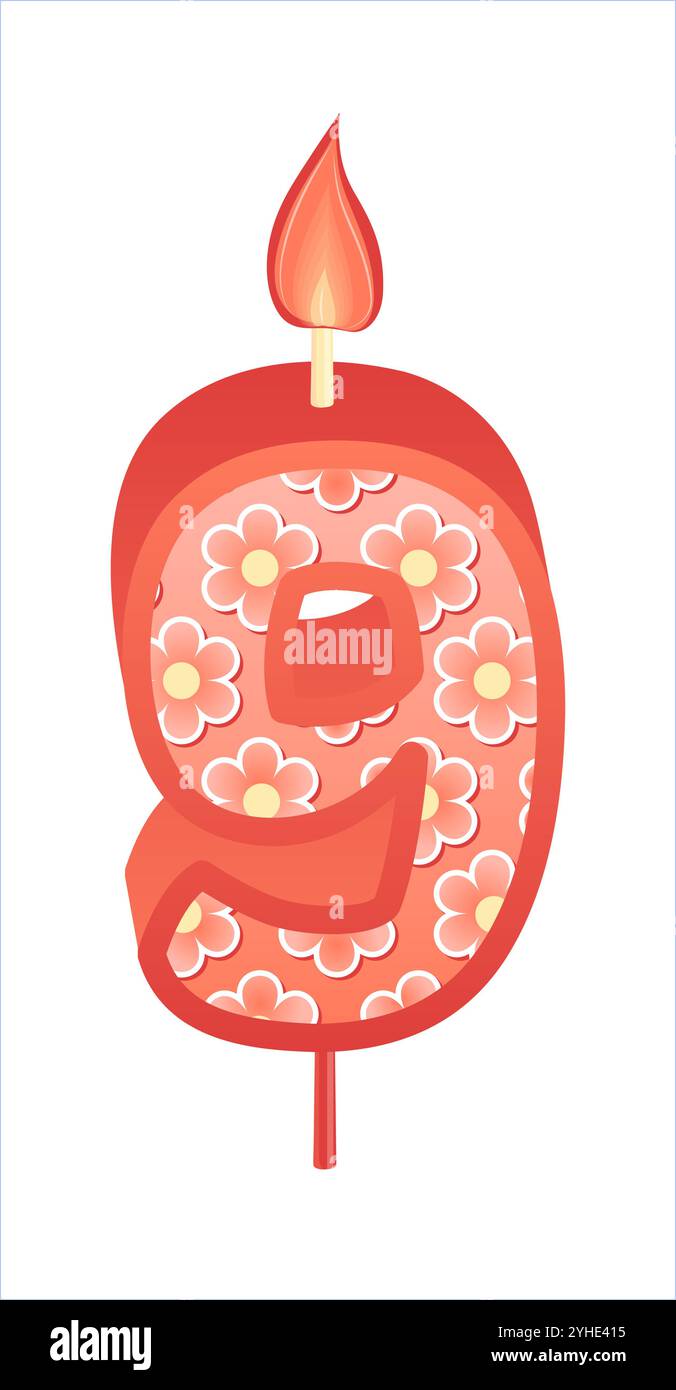 Happy Birthday cake font with pink yellow candle. nine year, symbol of ...