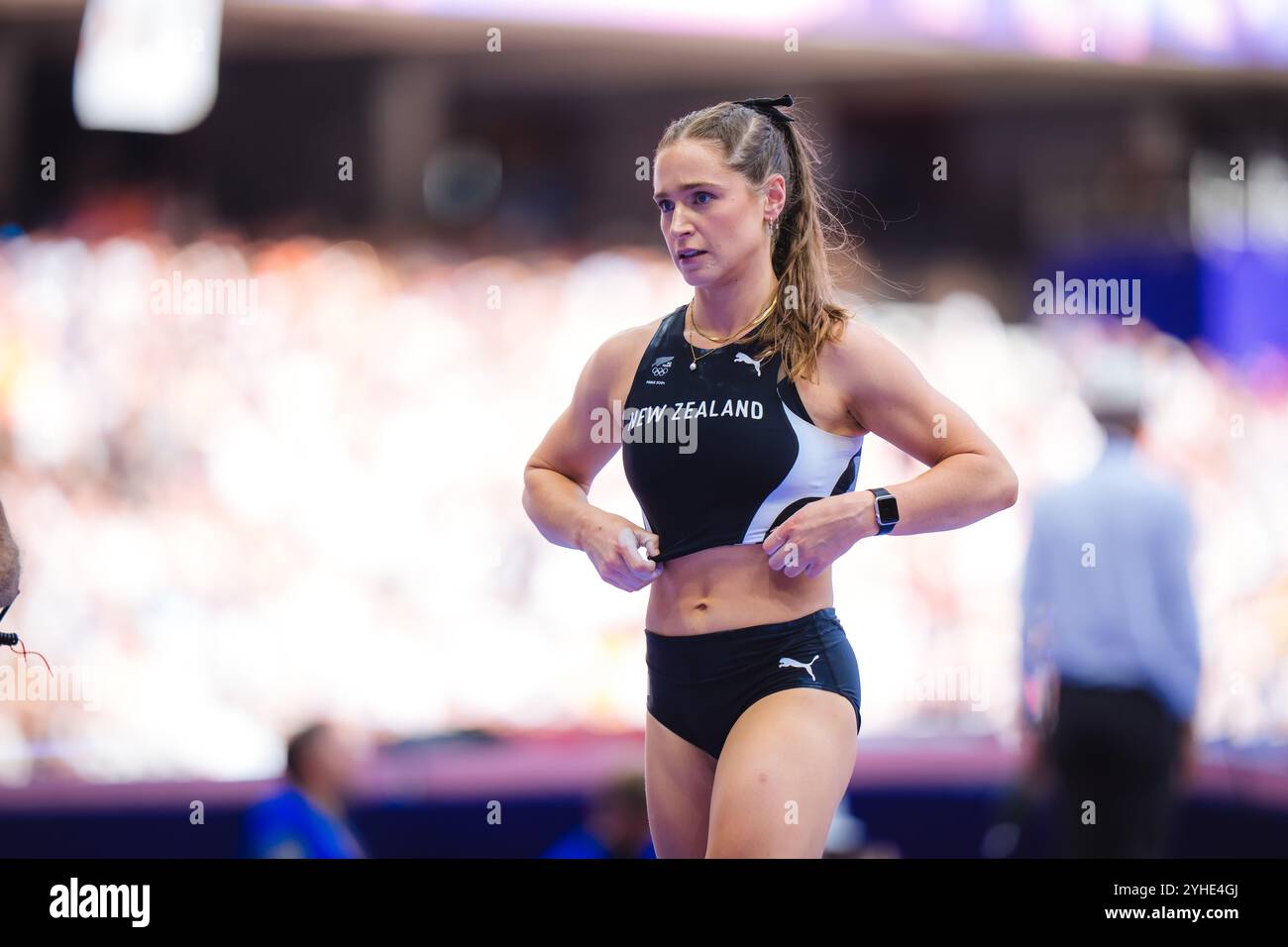 Imogen Ayris participating in the pole vault at the Paris 2024 Olympic ...