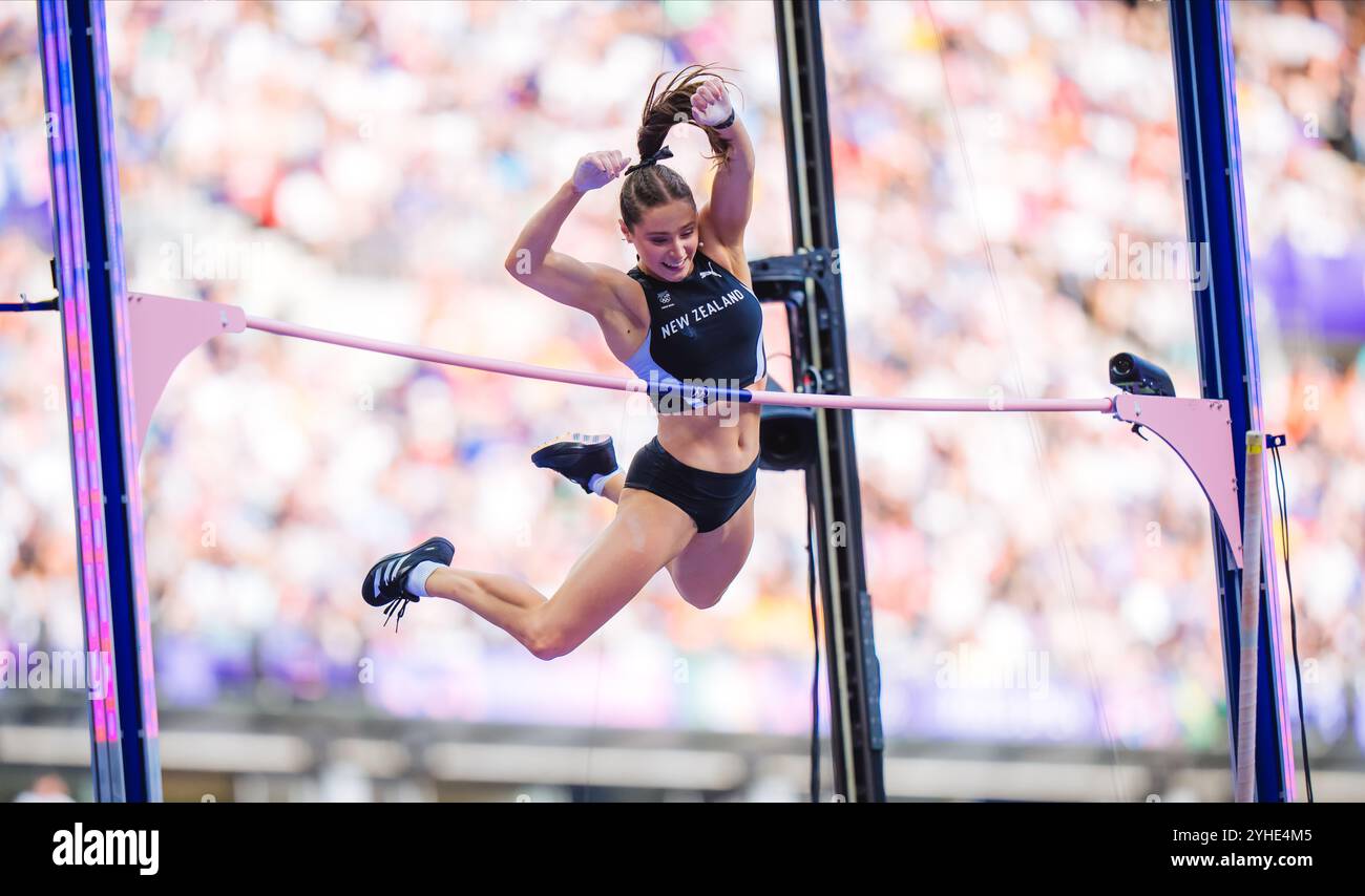 Imogen Ayris participating in the pole vault at the Paris 2024 Olympic ...